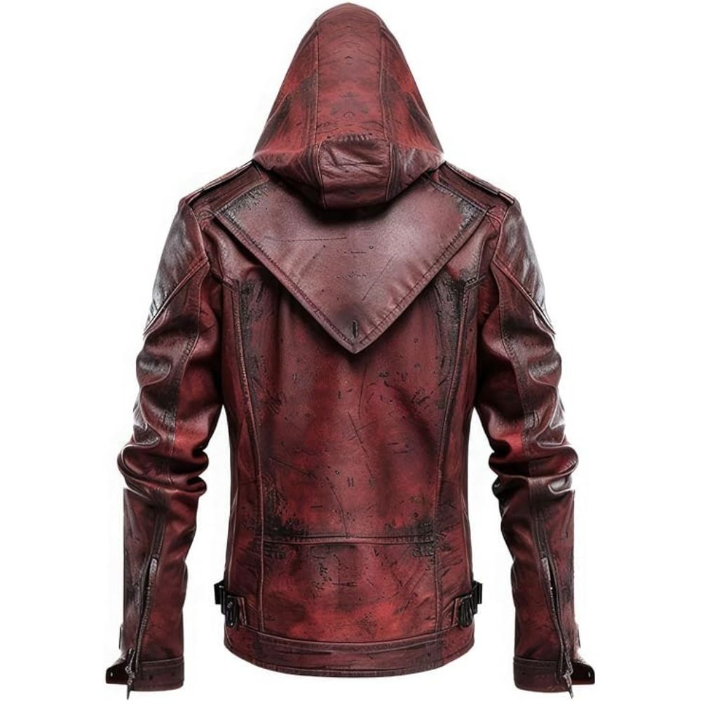 Buy Distressed Red Pure Sheepskin Hooded Biker Leather Jacket For Men ...