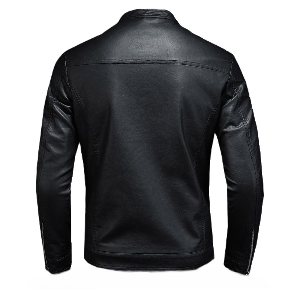 Buy Stone Black Stand-Up Collar Cowhide Biker Leather Jacket For Men ...