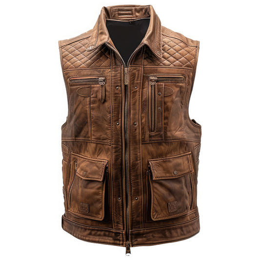 Buy Distressed Brown Zippered Pure Sheepskin Leather Vest Coat For Men ...